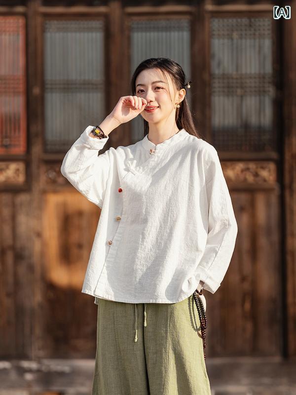 ・カテゴリ: シャツ・スタイル: レトロ・主な素材: 苧麻70～80%、綿20～30%・ネックライン: スタンドカラー・袖丈: 長袖・柄: 無地・カラー展開: ホワイト、麻色、ラストレッド・サイズ展開: フリーサイズ・シルエット: ゆったり...