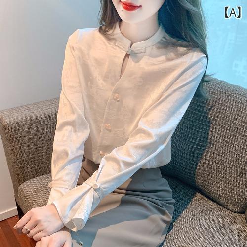 ・カテゴリ: シャツ・スタイル: ベーシック、エレガントカジュアル、リラックスカジュアル・主な素材: ポリエステル・柄: 植物柄・袖丈: 長袖・装飾: 飾りボタン・シルエット: ストレート・着丈: ミドル丈・ネックライン: スタンドカラー・...