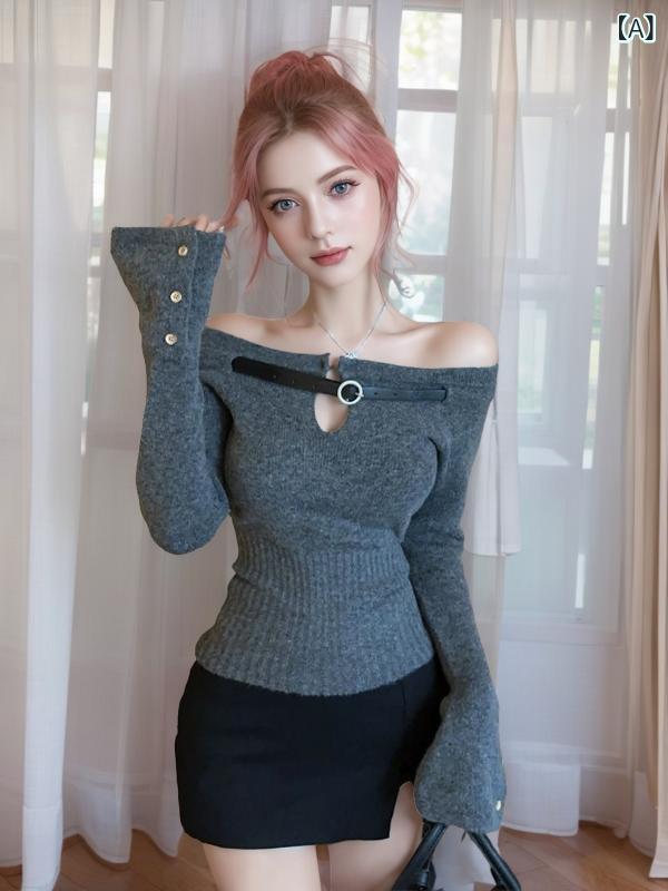 ・カテゴリ: ニット・タイプ: プルオーバー・スタイル: エレガント、甘辛ミックス、セクシー・主な素材: ポリエステル70～79%・ネックライン: オフショルダー・袖丈: 長袖・袖タイプ: レギュラー・柄: 無地・: 透かし編み・厚さ: 標...