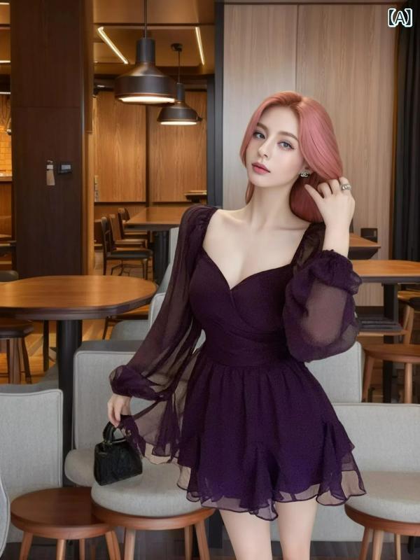 ・カテゴリ: ワンピース・スタイル: セレブ風・デザイン: プルオーバー・主な素材: ポリエステル 70～79%・ネックライン: スクエアネック・袖丈: 長袖・袖の形: ランタンスリーブ・スカート丈: ミニ・スカートシルエット: Aライン・...