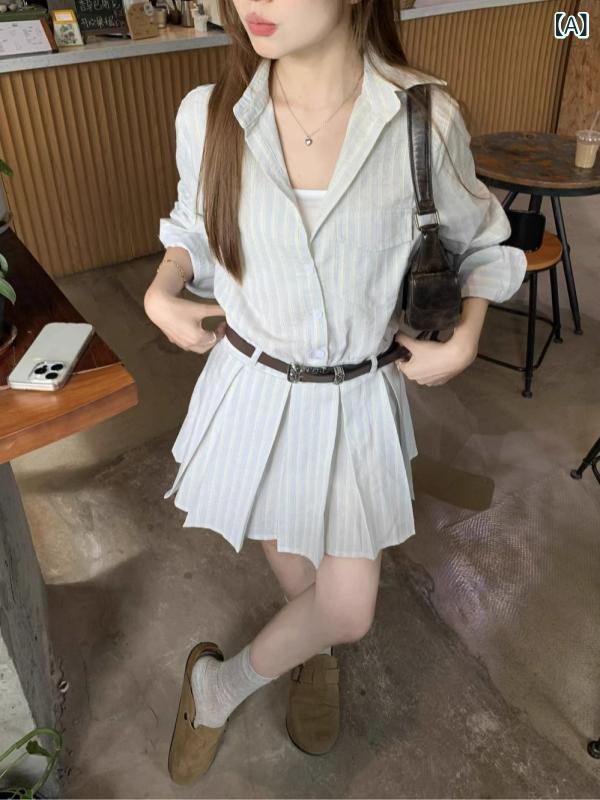 ・カテゴリ: ワンピース・スタイル: 私服セレブ風・主な素材: ポリエステル 70～80%・ネックライン: シャツカラー・袖丈: 長袖・袖タイプ: レギュラー袖・柄: ストライプ、チェック・カラー: ストライプ・サイズ展開: S、M、L、X...