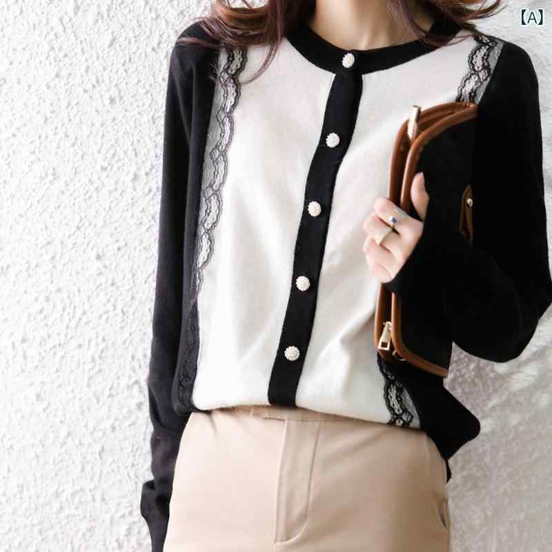 ・カテゴリ: ニットカーディガン・主な素材: ウール・柄: 無地・厚さ: 薄手・形式: 単品・シルエット: ストレート・袖タイプ: レギュラー・ネックライン: クルーネック・袖丈: 長袖・デザイン要素: レース、バイカラー、切り替え・カラー...