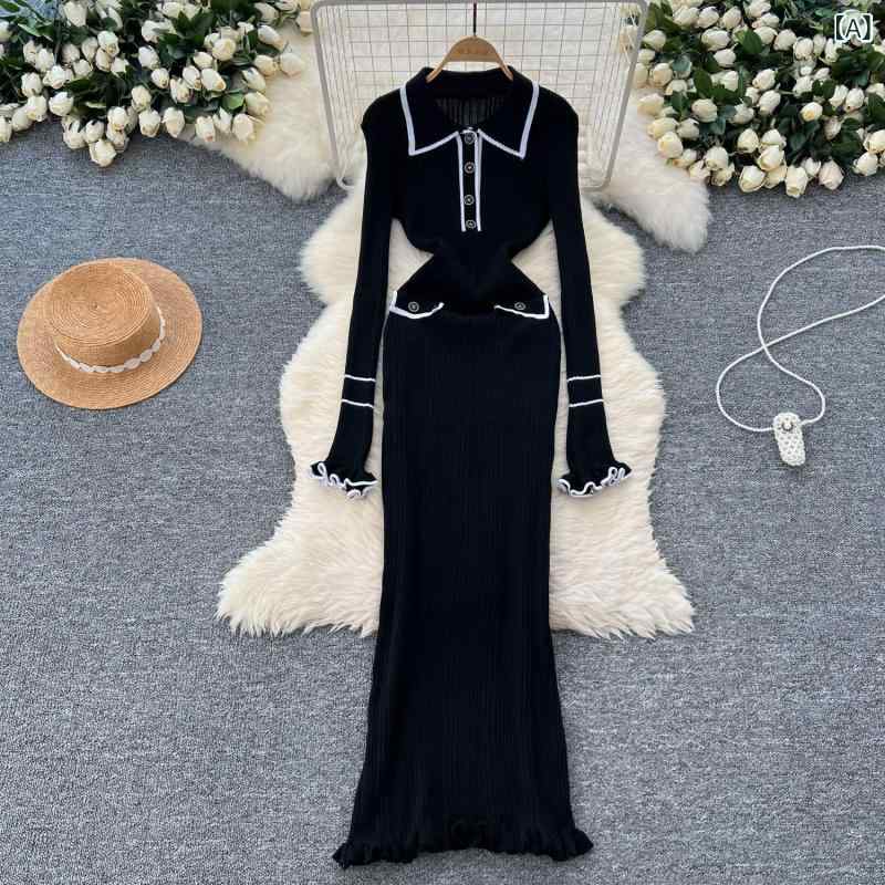 ・カテゴリ: ワンピース・スタイル: カジュアル、シンプル、エレガント・: プルオーバー・主な素材: ポリエステル（アイス）約30～50%・ネックライン: 襟付き・袖丈: 長袖（花びらスリーブ）・ウエスト: ハイウエスト・柄: 無地・加工:...