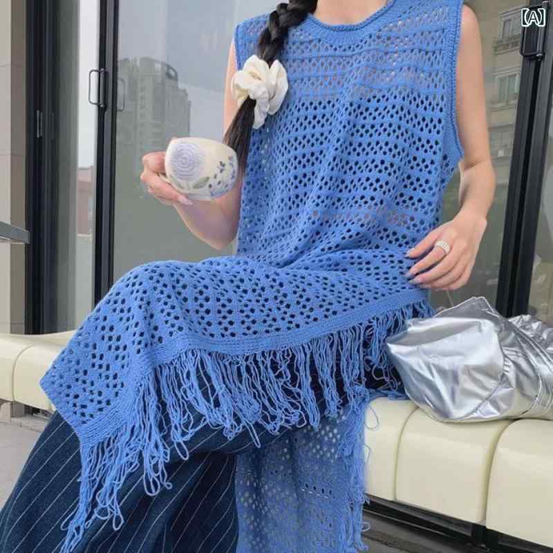 ・カテゴリ: ワンピース・スタイル: 日韓カジュアル、スウィート・主な素材: ポリエステル・主な素材混率: 95%以上・生地: 色糸織り生地・柄: 無地・: 透かし編み・要素: フリンジ・着脱仕様: プルオーバー・ネックライン: クルーネッ...