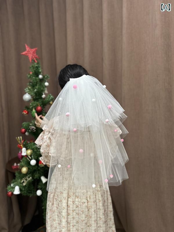 ・素材: 紗・スタイル: ナチュラル・対象: 子供・デザイン: リボン・種類: 二層式・長さ: 60cm以下・流行要素: カラフルヘッドベール、ポンポン、花柄・カテゴリ: ヘッドアクセサリー