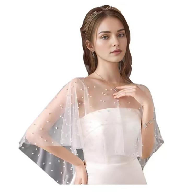 ・性別: 女性・素材: メッシュ・カラー: ホワイト・スタイル: エレガント・柄: 無地・装飾: ビーズ・アイテム: プルオーバーケープ