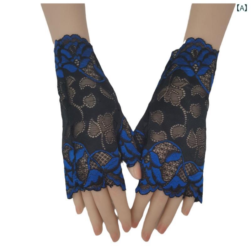 ・性別: 女性・機能: 日焼け対策・カラー展開: ロイヤルブルー、ローズレッド、ライトブルー、グリーン・素材: レース・スタイル: ショートハーフフィンガー・デザイン: オリジナル