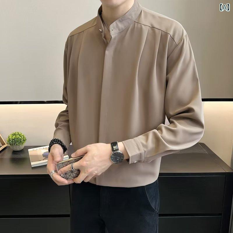 ・カテゴリ: シャツ・タイプ: 開襟・主な素材: ポリエステル・スタイル: 大人カジュアル・シルエット: ルーズフィット・ネックライン: スタンドカラー・袖丈: 長袖・柄: 無地・厚さ: 薄手・ディテール: ステッチ・加工: 形態安定加工・...