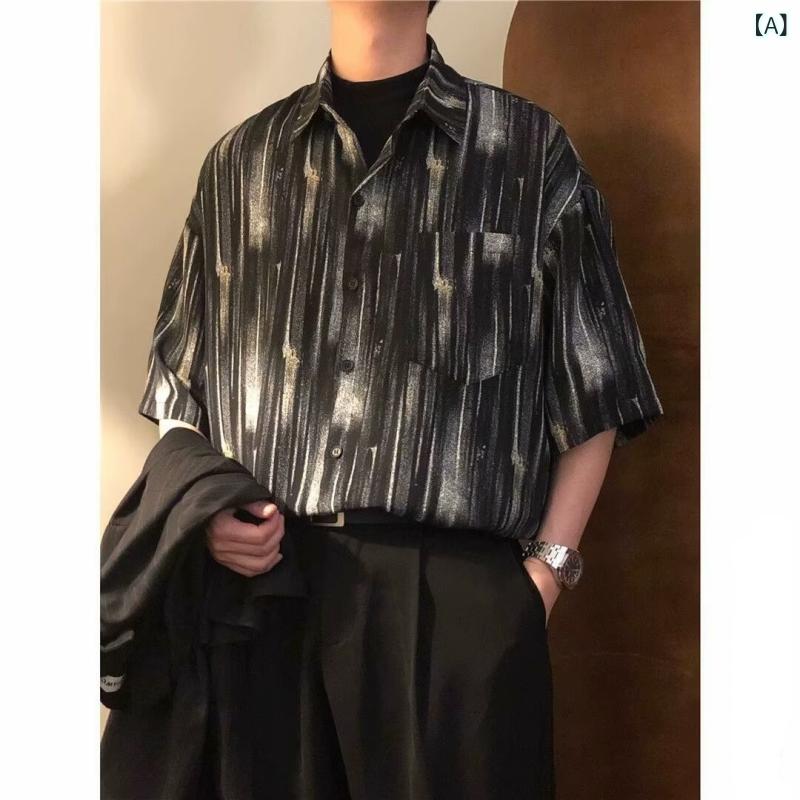 ・カテゴリ: シャツ・スタイル: レトロ・主な素材: ポリエステル96%以上・ネックライン: 開襟・袖丈: 五分袖・柄: ストライプ・カラー: ブラック・サイズ展開: M, L, XL, 2XL, 3XL・フィット: ルーズ・厚さ: 薄手・...