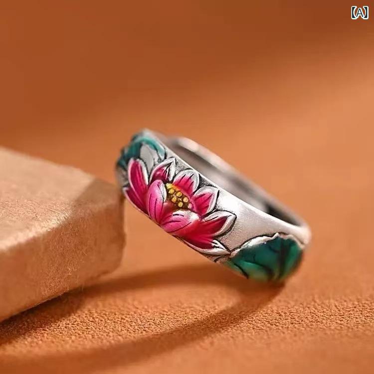 ・カテゴリ: ジュエリー・対象: レディース・素材: 銅・スタイル: エスニック・テイスト: レトロモダン・モチーフ: 蓮の花・加工技術: 樹脂加工・種類: 開口リング・カラー: エナメル蓮の花・サイズ: 開口式フリーサイズ