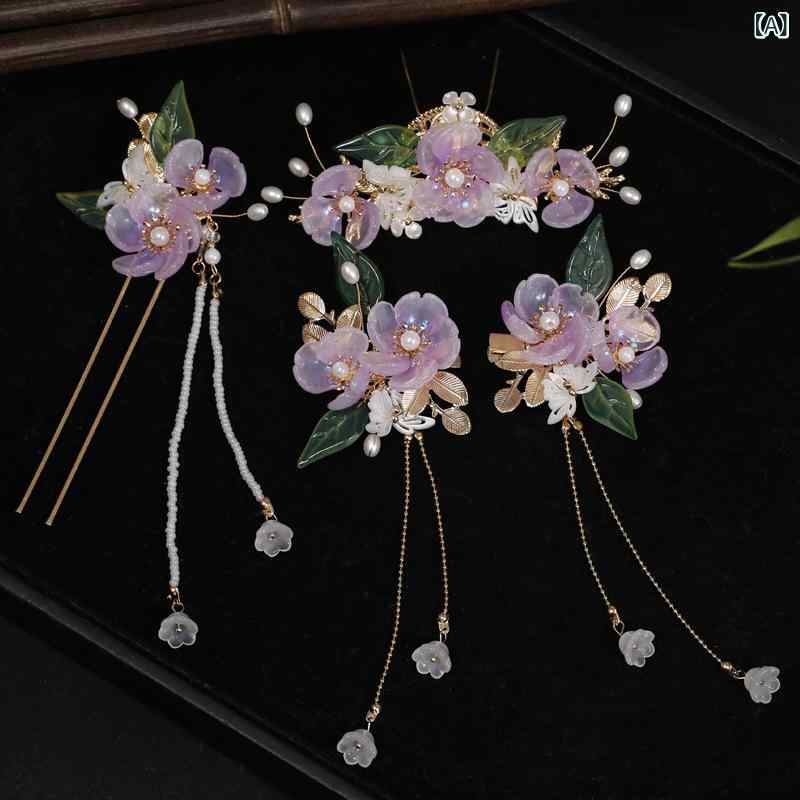 ・カテゴリ: ヘッドアクセサリー・スタイル: レトロ・対象: 女性用・デザイン: 花柄・製造方法: ハンドメイド・人気要素: タッセル・セット内容: フルセット、髪飾り1点、簪1点