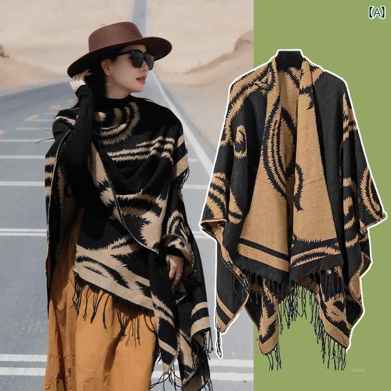 ・性別: 女性・編み方: 経編み・素材: フェイクカシミヤ・柄: ストライプ・機能: 保温・加工方法: プリント・デザイン要素: フリンジ・丈: 標準・サイズ: 約130cm x 150cm・スタイル: レトロ民族調・カラー展開: 祥雲-ブ...