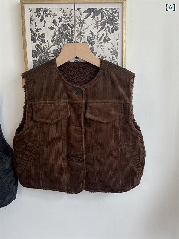 ・カテゴリ: 子供用ベスト・性別: 男女兼用・スタイル: カジュアル・適合年齢層: 中小児（3〜8歳向け）・素材: コーデュロイ（綿80%）・生地加工: 柔らか加工・裏地: ファー・柄: 無地・厚さ: 厚手・開閉方式: 前開き・留め具: シ...