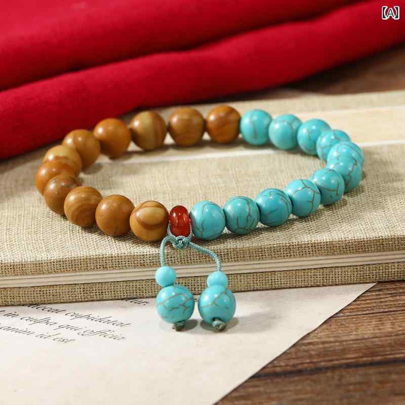 ・素材: ターコイズ・加工: 手編み・対象: ユニセックス・形状: 幾何学模様・カラー: ターコイズ、ウッドグレインストーン・デザイン要素: 円形・スタイル: 文芸レトロ・カテゴリ: ブレスレット