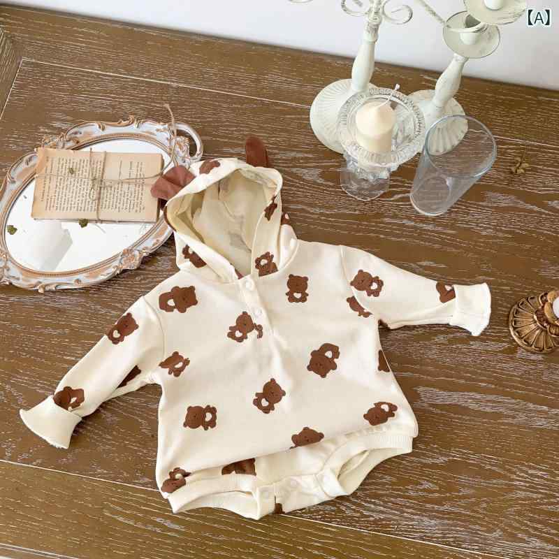 ・カテゴリ: ロンパース、カバーオール・スタイル: 韓国風・形状: ロンパース・主な素材: 綿95%・対象年齢: 乳幼児（1〜3歳、身長80〜100cm）・性別: 男女兼用・袖丈: 長袖・フード: フード付き・厚さ: 薄手・タイプ: プルオ...