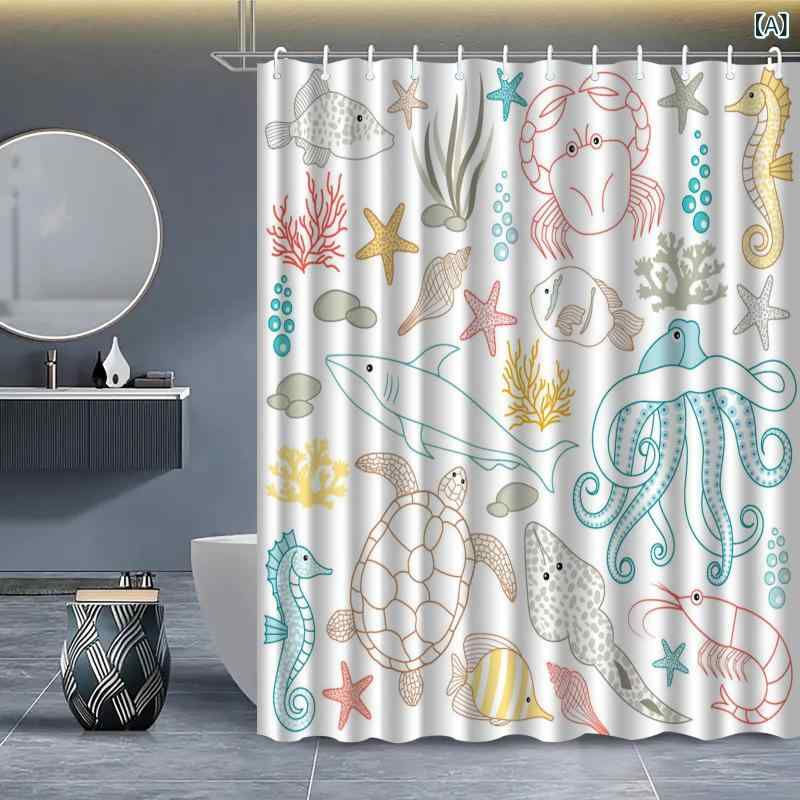 ・カテゴリ: シャワーカーテン・素材: ポリエステル・スタイル: マリン・柄: 海洋生物・サイズ展開: 90x180cm, 120x180cm, 150x180cm, 180x180cm, 180x200cm・特徴: 防水、穴あけ不要