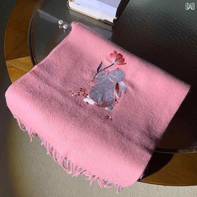 ・スタイル: エスニック、文芸レトロ・主な素材: ウール100%・機能: 保温・丈: ミドル丈・柄: ウサギ、植物、花柄・サイズ: 約170cm × 33cm