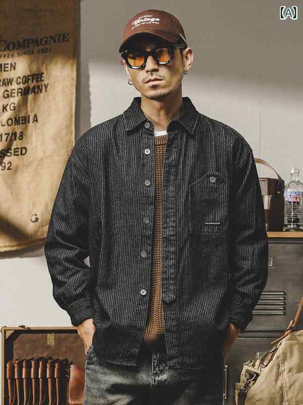 ・主な素材: 綿96%以上（コーマ綿）・機能: シワ防止加工・スタイル: アメカジ・デザイン: カーディガン・シルエット: ルーズフィット・ネックライン: 襟付き・袖丈: 長袖・柄: ストライプ・デザイン詳細: ステッチ・適用シーン: カジ...