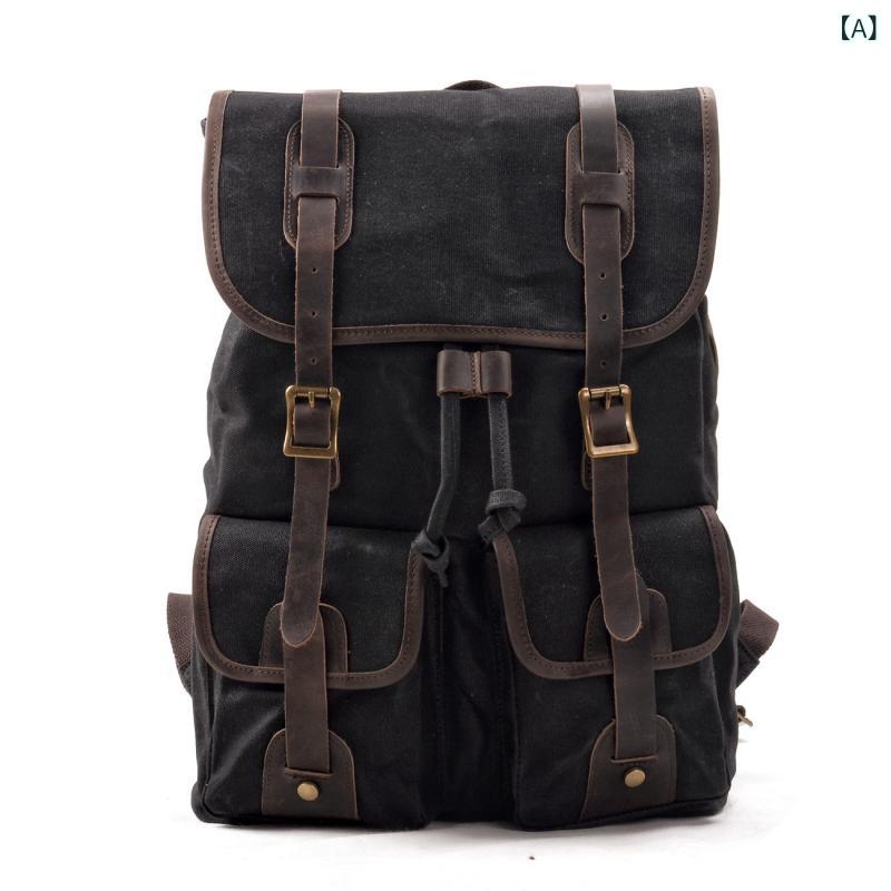 ・カラー展開: ブラック、カーキ、軍用グリーン、ダークグレー・性別: メンズ・用途: カジュアル、旅行・素材: キャンバス・スタイル: 欧米ヴィンテージ・レザー: トップグレインレザー・容量: 20～35L・機能: 防水・PC収納サイズ: ...