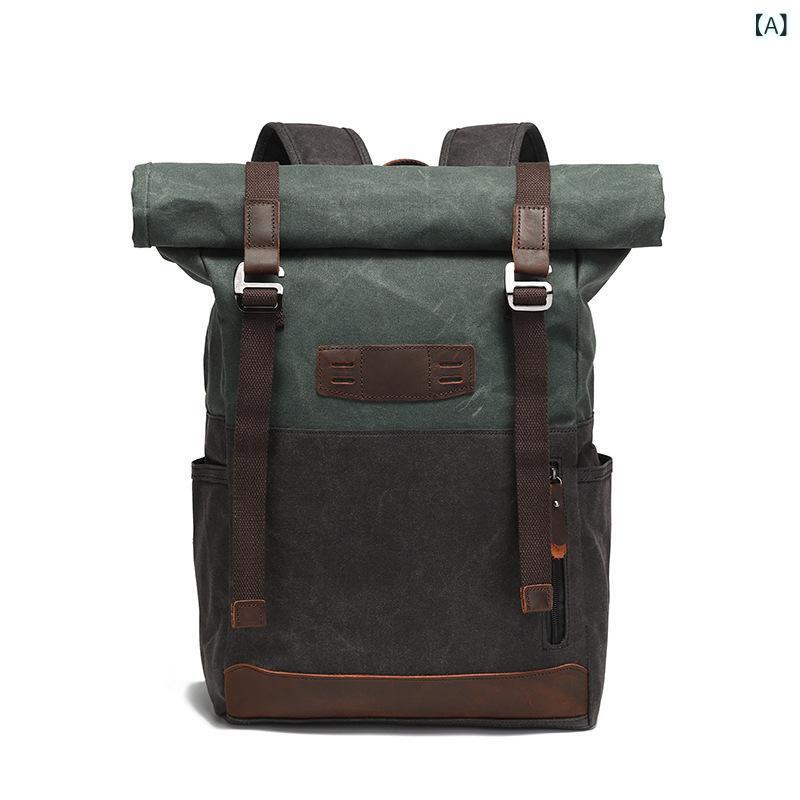 ・カラー展開: レイクグリーン、コーヒー、ダークカーキ、アーミーグリーン・性別: ユニセックス・用途: カジュアル、旅行・素材: キャンバス・スタイル: 欧米風レトロ・革質: トップグレインレザー・容量: 20-35L・機能: 負担軽減・対...