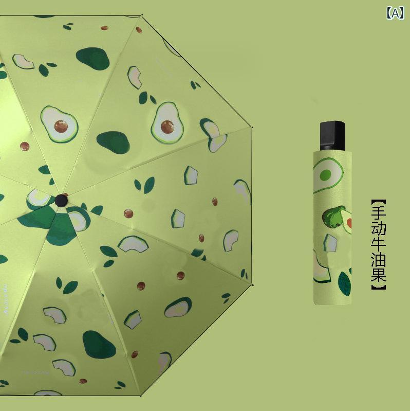 ・カテゴリ: 晴雨兼用傘・タイプ: 三つ折り傘・スタイル: かわいい・イメージ: フルーツ・傘生地素材: ポンジー・傘生地コーティング: ブラック・傘生地密度: 190T・傘骨素材: スチール・中棒素材: スチール・傘骨数: 8本・開閉方式...