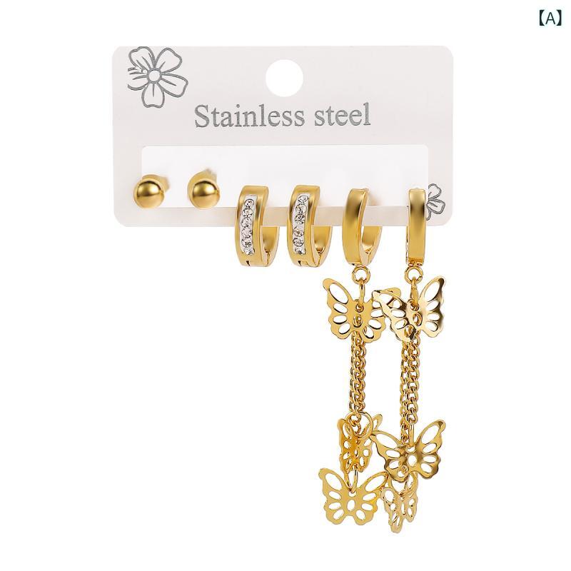 ・カテゴリ: 耳飾り・スタイル: 欧米風・スタイル分類: ビジネスカジュアル・主な素材: ステンレス、ラインストーン・加工: 電鍍・形状: 幾何学模様・デザイン展開: 蝶、ハート、十字架、葉・トレンド要素: フリンジ・対象: 女性