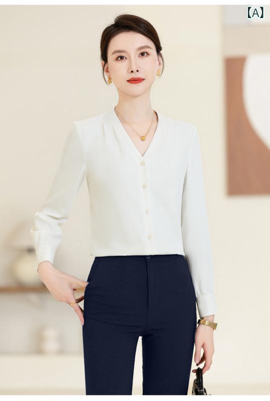 ・カテゴリ: シャツ・スタイル: エレガント、通勤・主な素材: ポリエステル、スパンデックス・柄: 無地・袖丈: 長袖・加工: 防シワ加工・シルエット: スリムフィット・ネックライン: Vネック・袖タイプ: シャツスリーブ・デザイン要素: ...