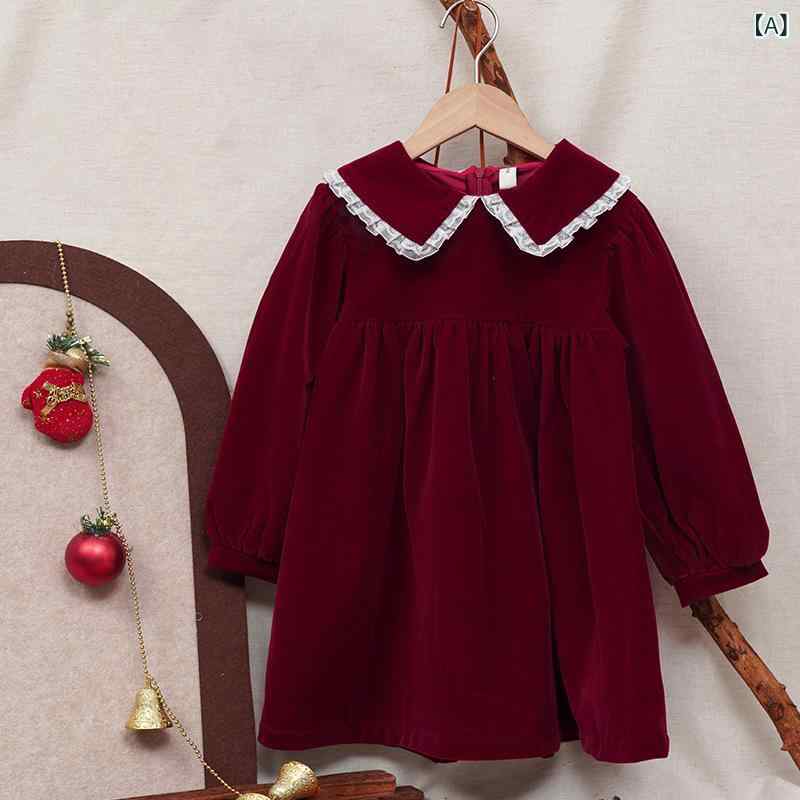 ・カテゴリ: 子供用ワンピース・スタイル: スウィート・性別: 女性・主な素材: ポリエステル製ベロア60%・袖丈: 長袖・裾丈: Aライン・加工: プリーツ・装飾: レース・シーズン: 冬、春、秋・カラー展開: レッド、ブラック・サイズ展...