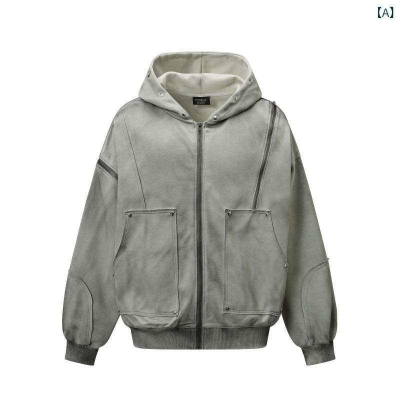 ・カテゴリ: パーカー・スウェット・スタイル: アメリカンレトロ・シーン: カジュアル・主な素材: 綿混紡（綿65%）・ネックライン: ノーカラー・袖丈: 長袖・袖タイプ: レギュラー・フード: フード付き・開閉: ジッパー・柄: 無地・デ...