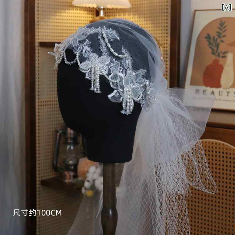 ・カテゴリ: ヘッドドレス・スタイル: レトロ・素材: 布・対象: 女性用・デザイン: リボン・デザイン要素: レース・特徴: レースパールベール・種類: 指先丈・加工: ハンドメイド・適用シーン: 結婚式