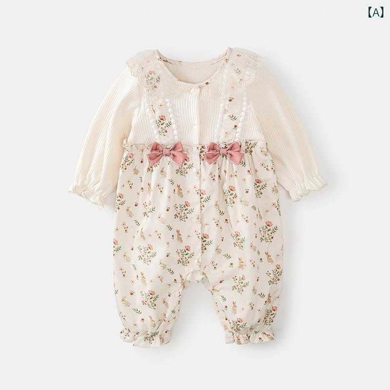 ・主な素材: ポリエステル 65.2%・カテゴリ: ロンパース・対象年齢: 新生児（0〜1歳向け）・性別: 女の子・袖丈: 長袖・厚さ: 普通・開閉タイプ: シングルボタン・柄: うさぎプリント・スタイル: フェイクレイヤード・サイズ展開:...