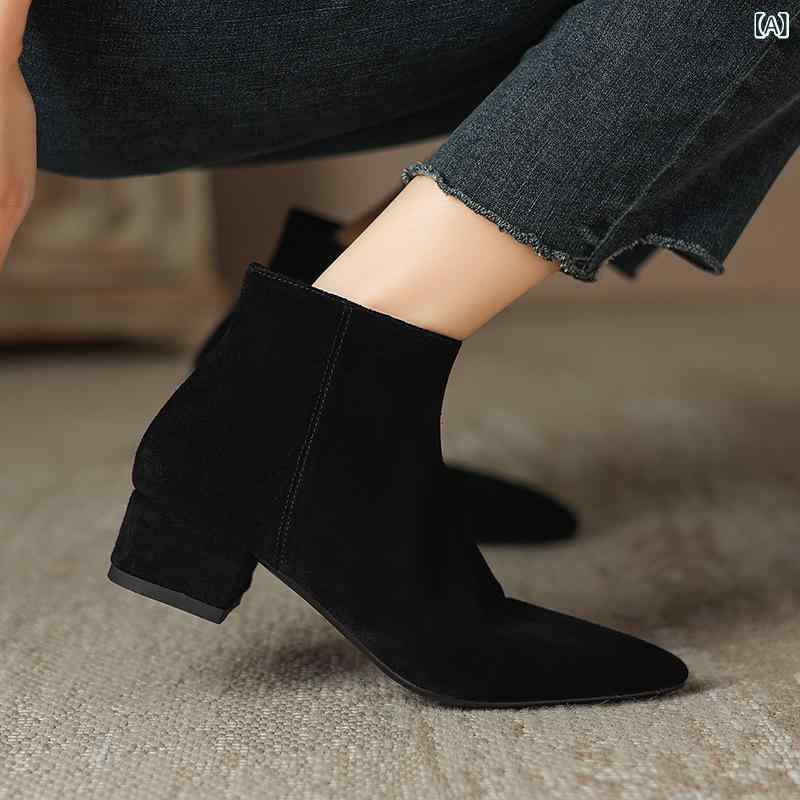 ・カテゴリ: ファッションブーツ・対象年齢層: 成人・アッパー素材: 牛スエード（ヌバック）・ソール素材: プラスチック・対象性別: レディース・スタイル: シンプル・つま先形状: ポインテッドトゥ・ヒール形状: チャンキーヒール・ヒールの...