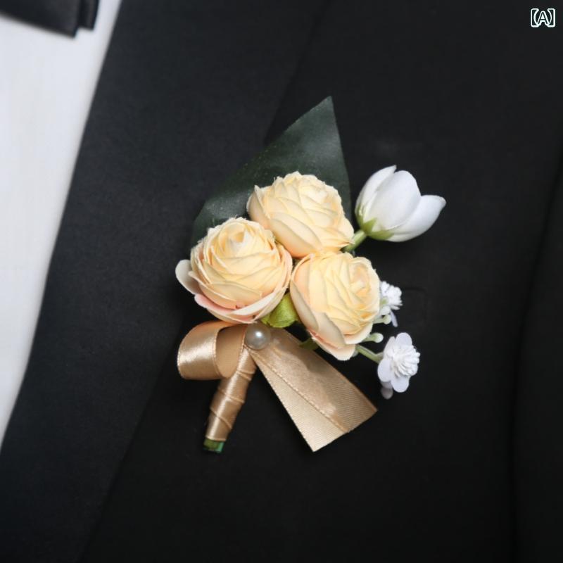 ・主な素材: 布・スタイル: ・使用場面: 結婚式・カラー展開: シャンパン色胸花、白色胸花、シャンパン色手腕花、白色手腕花・製法: