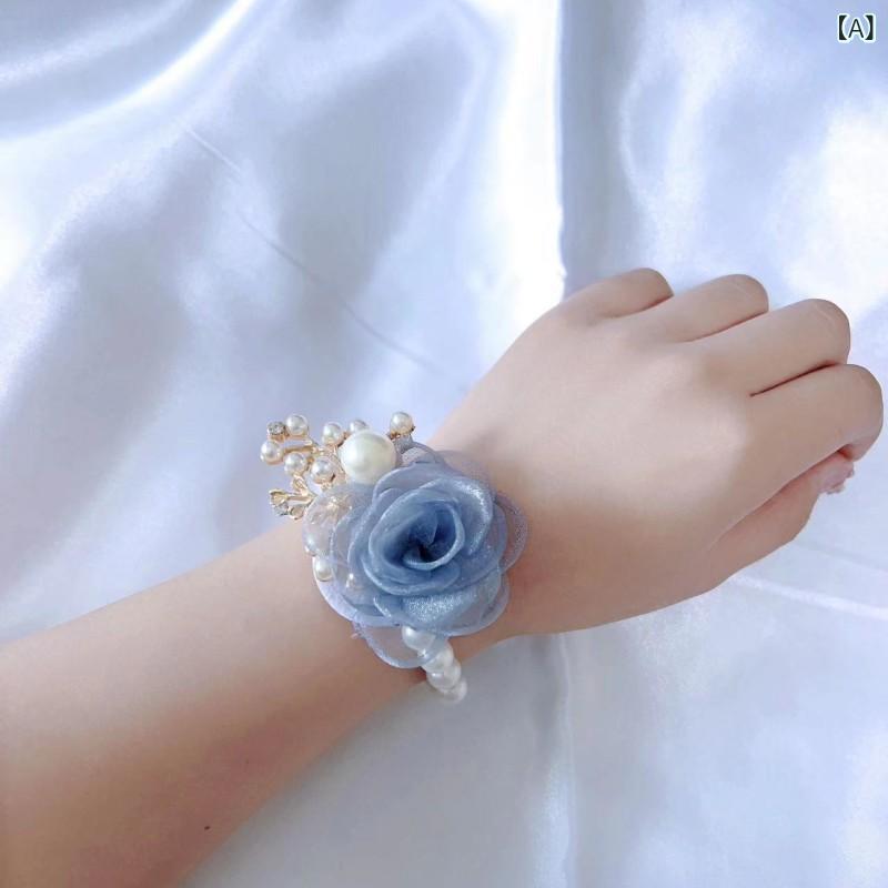 ・素材: 花・技法: ・使用場面: 結婚式・カラー展開: 仙女藍灰色パール手首花、仙女藍灰色パール胸花・スタイル: 韓国
