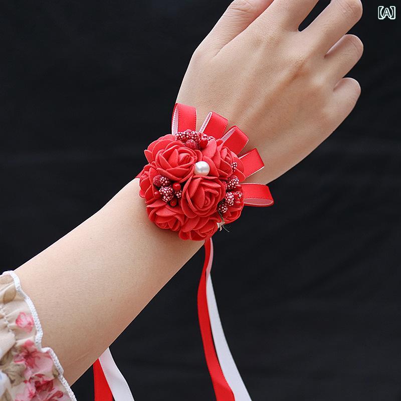 ・タイプ: 手首花・主な素材: 布・使用シーン: 結婚式・カラー展開: 赤、紫、緑白、ピンク、シャンパン二色、青白、シャンパン色
