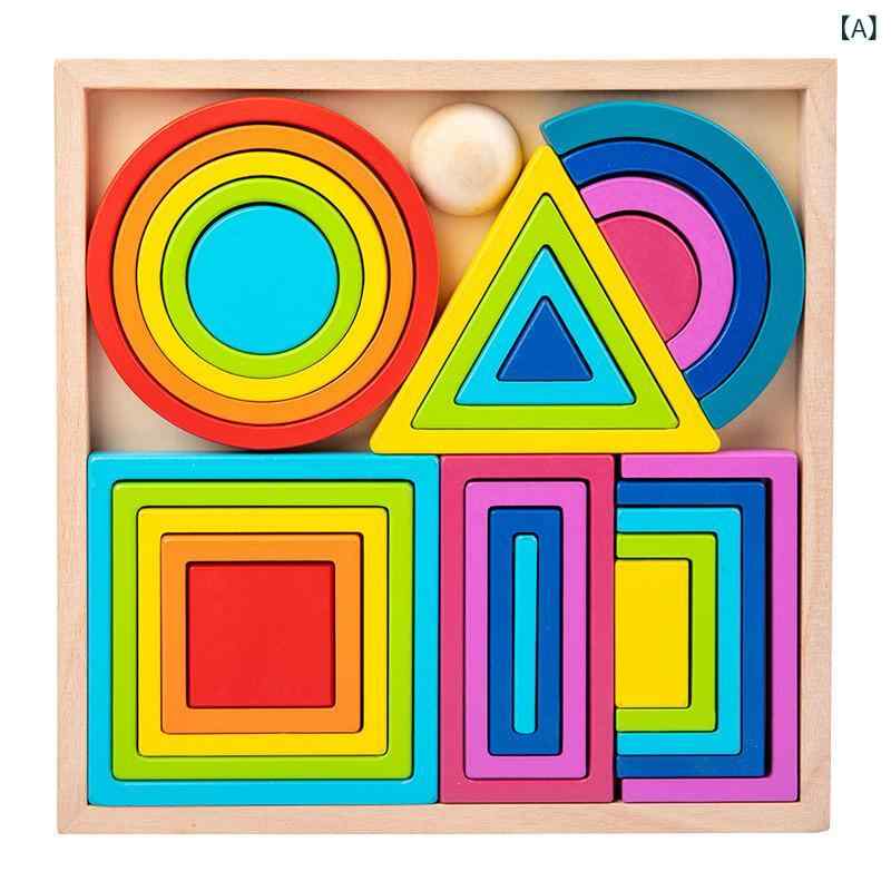 ・カテゴリ: 立体パズル・主な素材: 木製・サイズ: 26.5×26.5cm・対象年齢: 4-6歳・カラー展開: 大号彩虹積木盒、小号彩虹積木盒