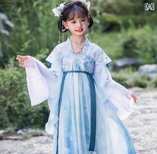 ・カテゴリ: キッズダンス衣装・対象: 女の子・スタイル: 中国風・主な素材: ポリエステル99%・カラー展開: 藍銀・サイズ展開: 110cm,120cm,130cm,140cm,150cm,160cm