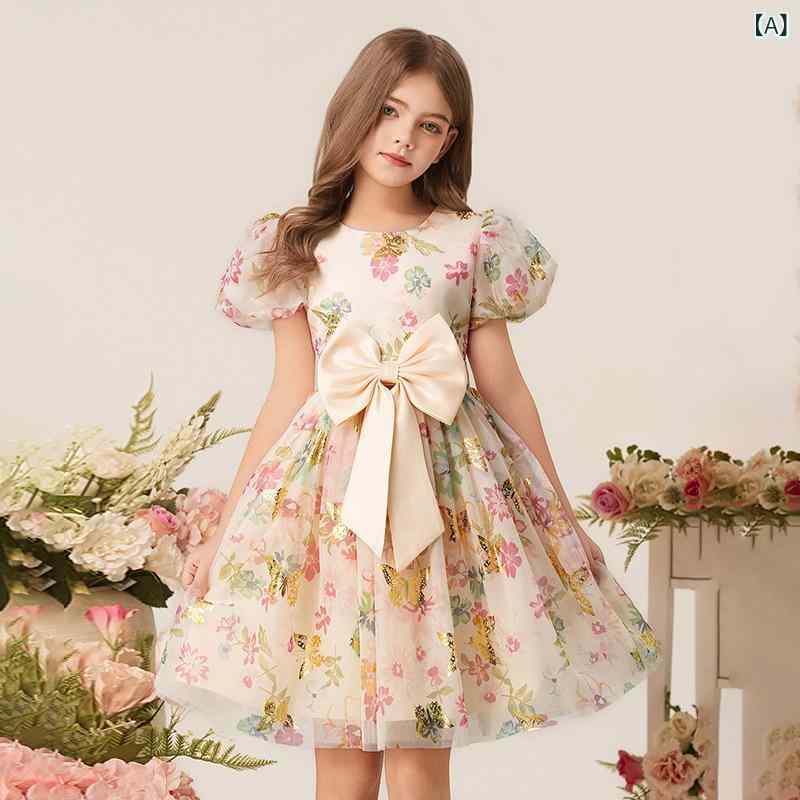 ・カテゴリ: 子供用礼服・対象性別: 女子・スタイル: 欧米・要素: リボン、プリンセス、チュール、キャンディ・主な素材: ポリエステル95%、コットン5%・カラー展開: シャンパン、ブルー、オレンジ、紫・サイズ展開: 120cm、130c...