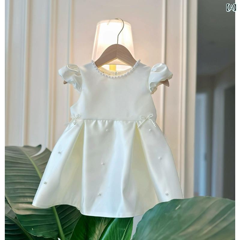 ・カテゴリ: キッズドレス・対象: 女の子・: プリンセス・主な素材: ポリエステル混紡・裏地: ポリエステル・カラー: ホワイト・サイズ展開: 80cm,90cm,100cm,110cm,120cm,130cm・加工: 酵素ウォッシュ