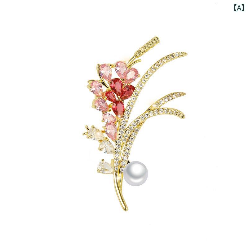 ・種類: ブローチ・素材: 銅・: 花柄・加工: メッキ・流行要素: 麦の穂・機能: 装飾・スタイル: ファッションOL、通勤・対象: 男女兼用・カラー展開: ゴールド ローズレッド 白貝パール、ゴールド イエロー 白貝パール、ゴールド ロ...