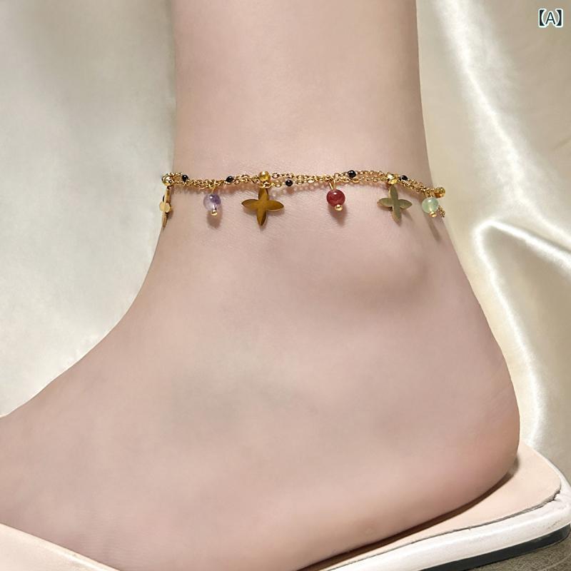 ・カテゴリ: アンクレット・スタイル: 女性用・: 花モチーフ・素材: チタンスチール・カラー: 金色二層彩色石