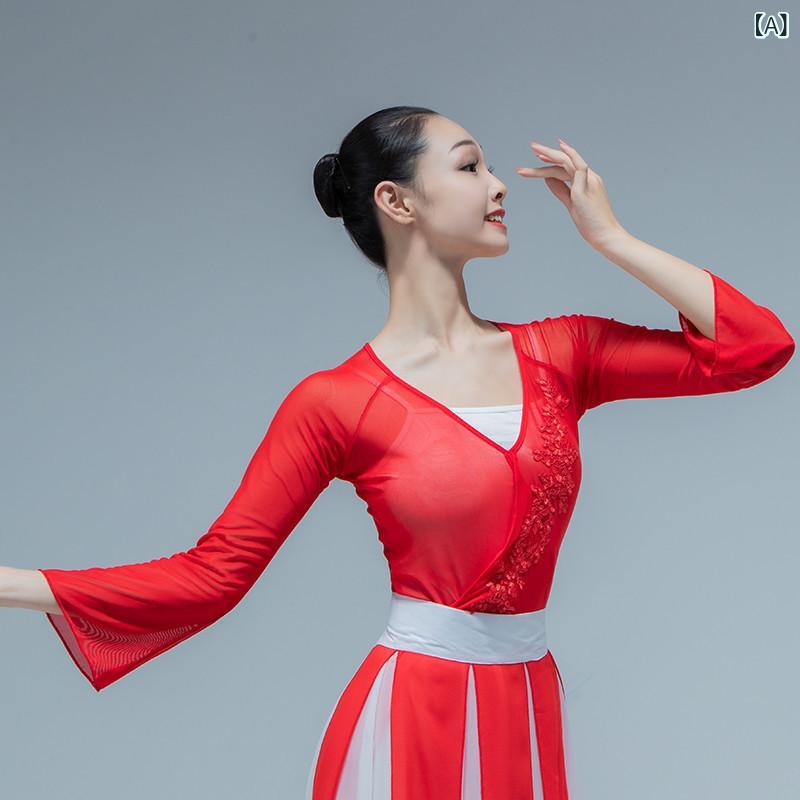 ・カテゴリ: ダンスウェア・対象性別: 女性・主な素材: ナイロン95%・素材名: ストレッチメッシュ、パール雪紡・カラー展開: 赤、豆沙緑、肌粉色・サイズ展開: S、M、L、XL、XXL、XXXL