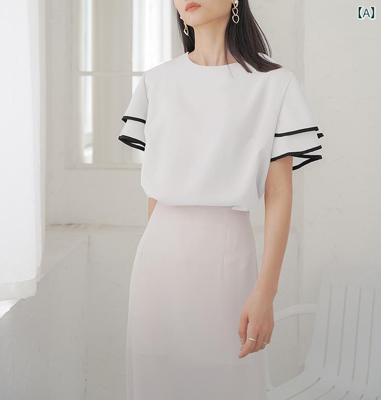 ・カテゴリ: Tシャツ・柄: 無地・スタイル: カジュアル・ネックライン: クルーネック・袖丈: 半袖・袖: フリルスリーブ・装飾: フリル・カラー展開: ホワイト、ブラック、ピンク・サイズ展開: M、L・シルエット: ルーズ・丈: 普通 ...