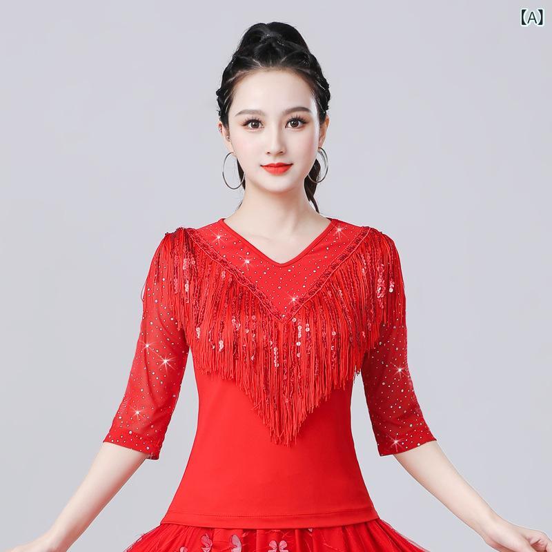・カテゴリ: ダンスウェア・性別: 女性・主な素材: ポリエステル90%・袖丈: 中袖・カラー展開: 赤、黒・サイズ展開: M、L、XL、XXL、XXXL、4XL