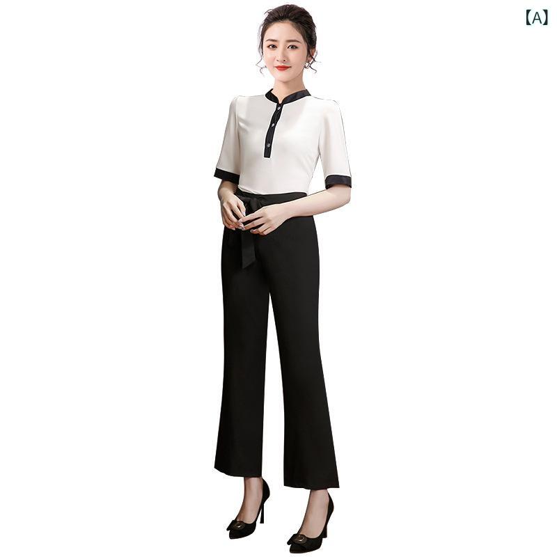 ・性別: 女性・カテゴリ: ユニフォーム・スタイル: 作業服・機能: 吸湿速乾・袖丈: 半袖・袖タイプ: 普通袖・ネックライン: 立襟・衣長: ミドル丈(50-65cm)・パンツ丈: ロング・タイプ: プルオーバー+ワイドパンツ・主な素材:...