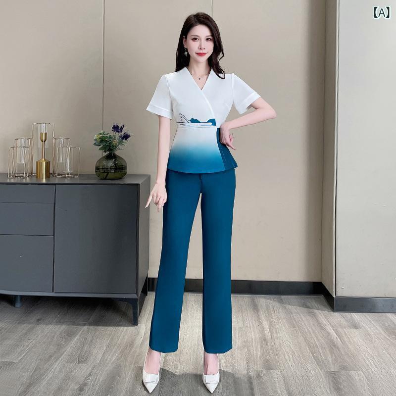 ・対象: 女性・カテゴリ: セット・機能: 吸湿速乾・主な素材: シフォン（ポリエステル70%、アセテート30%）・袖丈: 半袖・袖型: スタンダード・ネックライン: スタンドカラー・着丈: ショート・パンツ丈: ロング・カラー展開: ブル...
