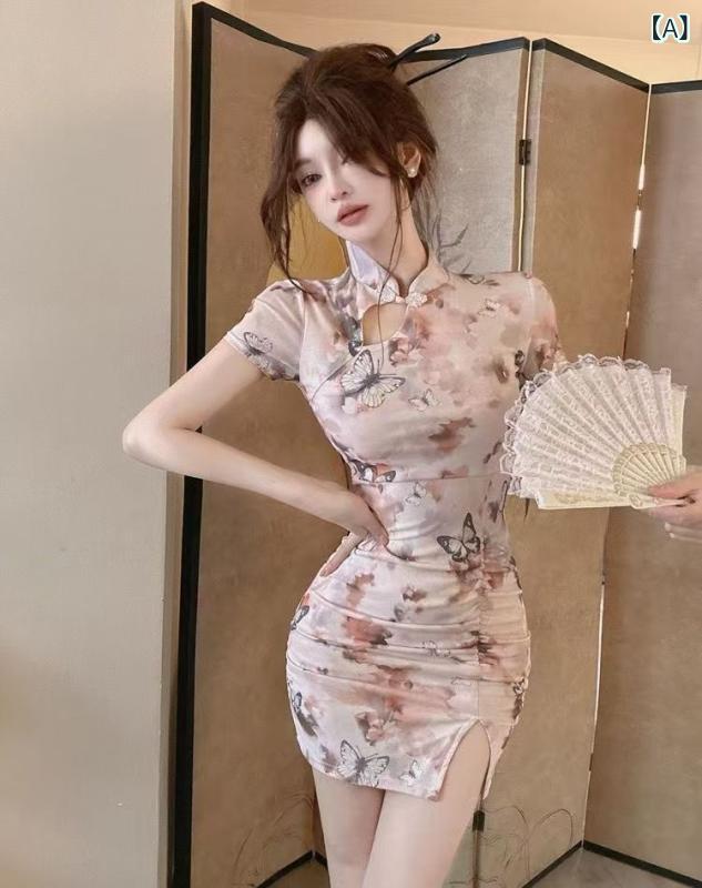 ・カテゴリ: ワンピース・スタイル: 中国風・主な素材: ポリエステル90-95%・柄: 蝶・ネックライン: チャイナカラー・袖丈: 半袖・スカート丈: ミニ・スカートタイプ: タイト・ウエスト: ハイウエスト・要素: 透け感、チャイナボタ...