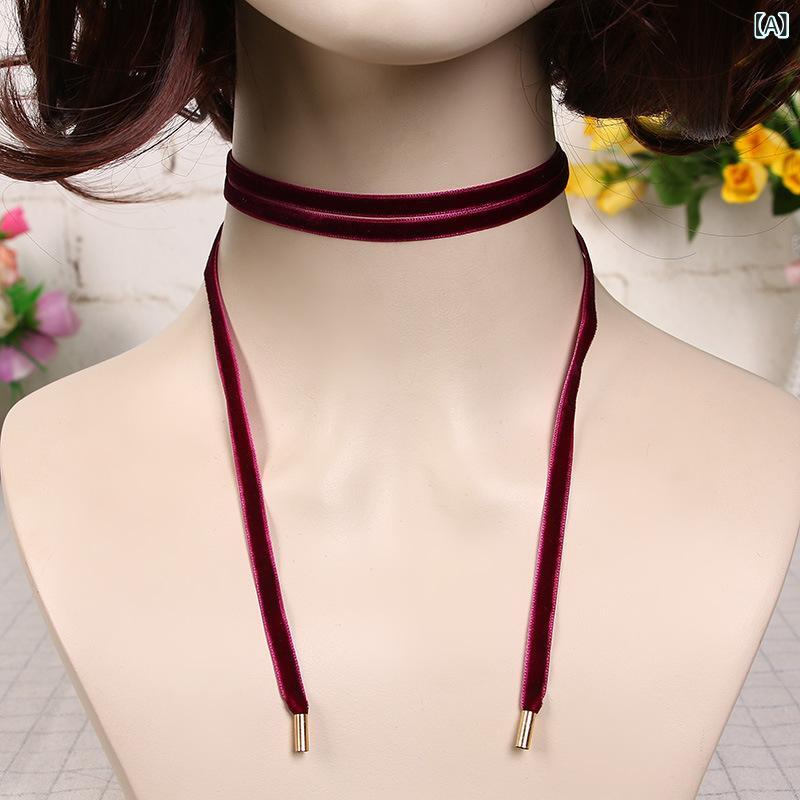 ・カテゴリ: ネックレス・スタイル: 女性用・主な素材: ベルベットテープ+銅管・カラー展開: 紫、黒、グレー、ダークレッド、ピンク・長さ: 160cm・周長: 81cm以上