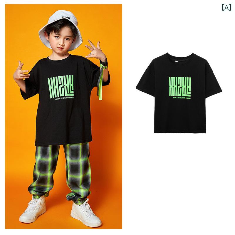 ・カテゴリ: 子供ダンス服・スタイル: ヒップホップ・対象性別: ユニセックス・用途: ダンス練習・主な素材: 綿80%・適合季節: 通年・カラー展開: ブラック（半袖）、ブラックグリーンストライプ（長ズボン）・適合身長: 110cm、12...