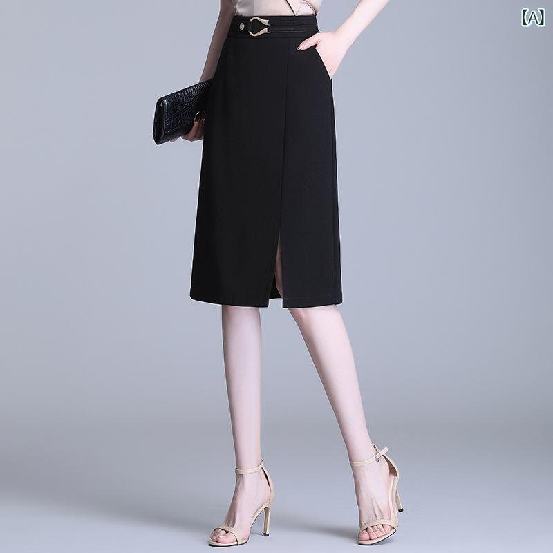 ・柄: 無地・製法: 提花・主な素材: ポリエステル90-95%・スカートタイプ: ストレートスカート・丈: ミディ・装飾: メタル・カラー展開: ブラック・サイズ展開: M/27、L/28、XL/29、XXXL/31・スタイル: 通勤、エ...